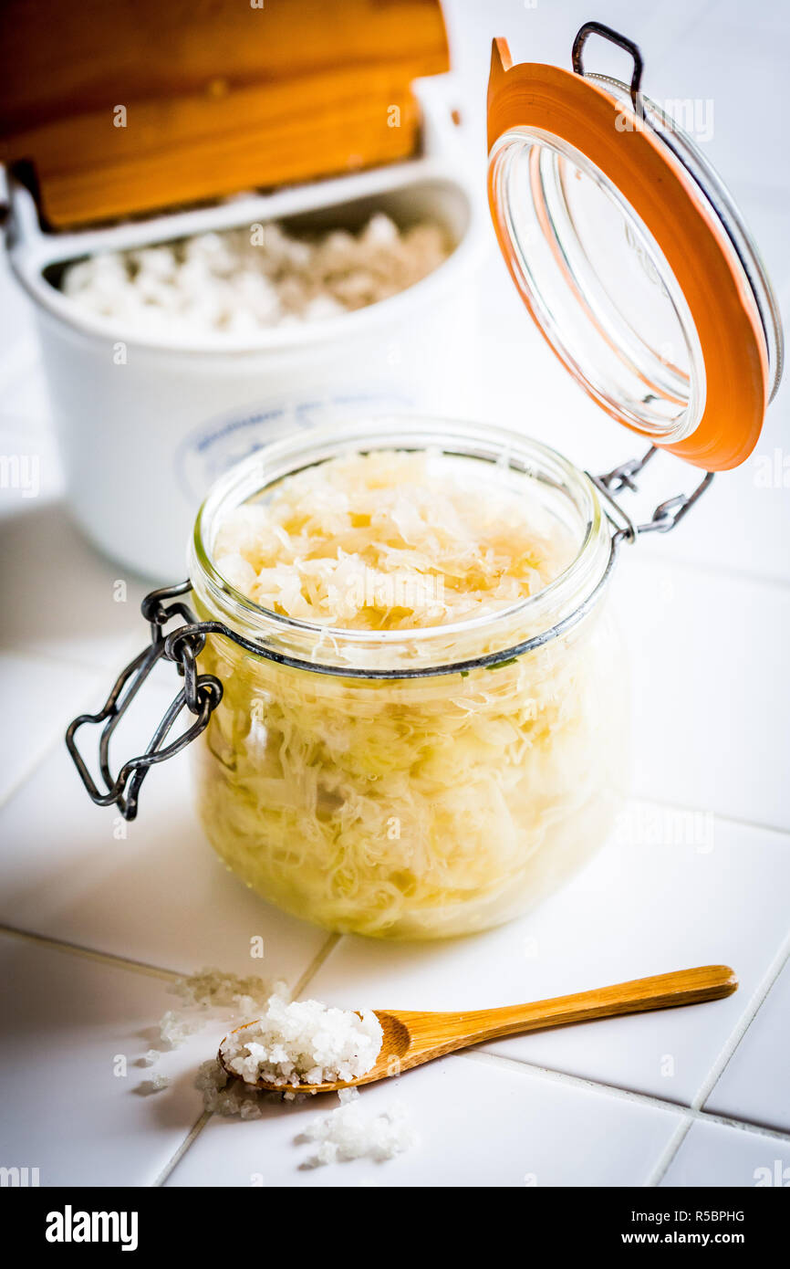 Canned lacto-fermented cabbage in jar Stock Photo - Alamy