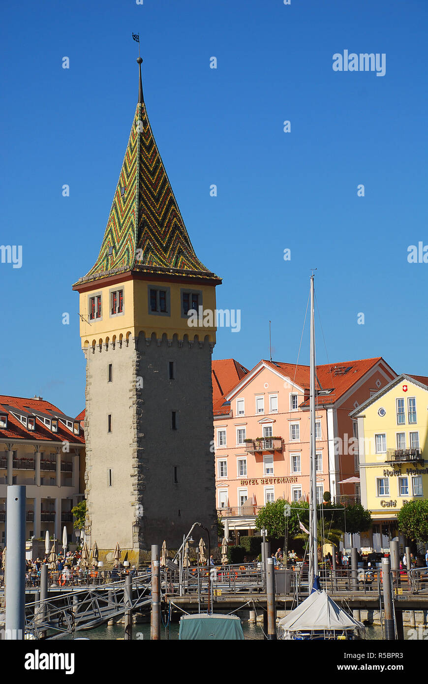 Harbour of Lindau, Lake Constance (German: Bodensee): the tower ...