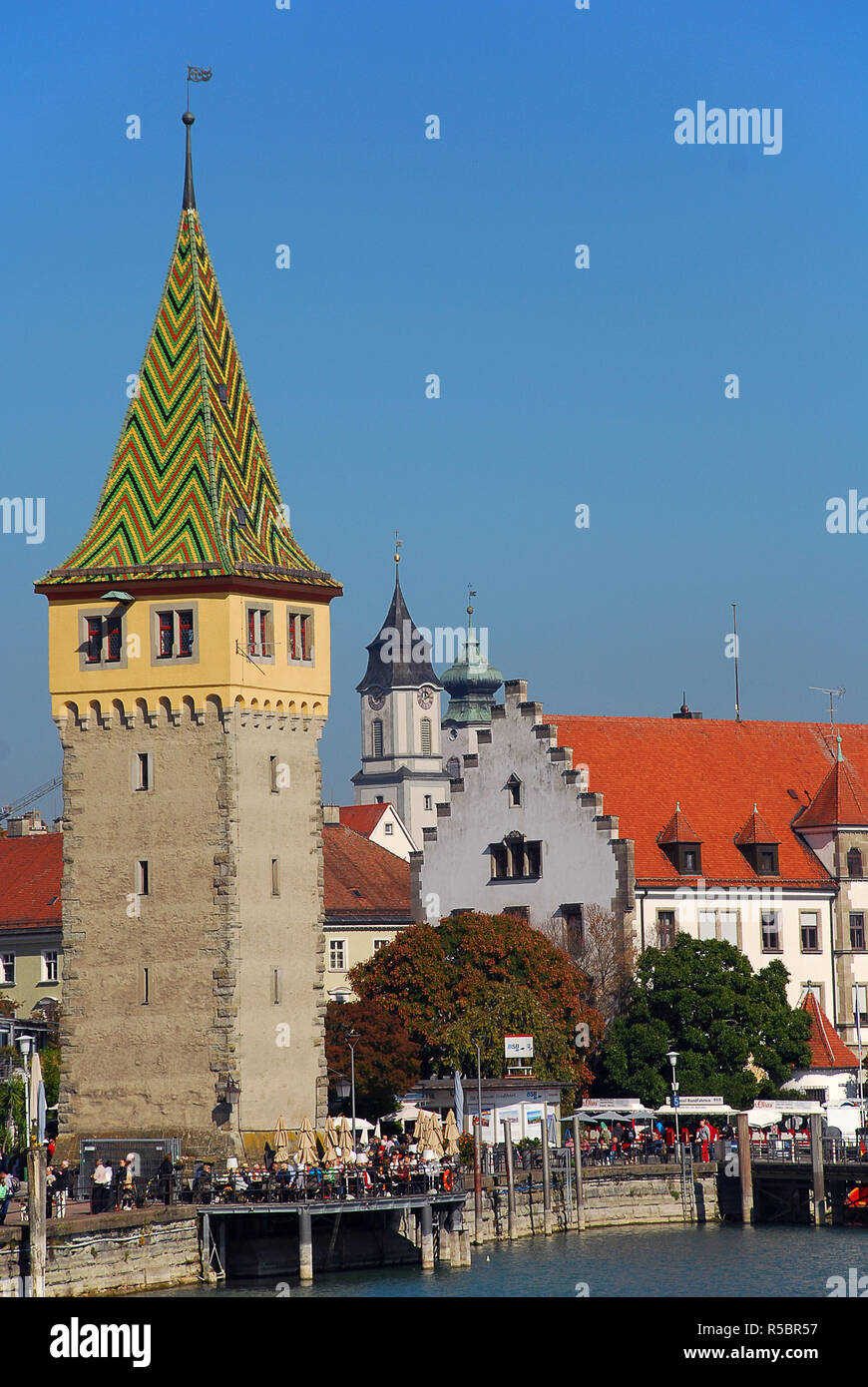Harbour of Lindau, Lake Constance (German: Bodensee): the tower ...