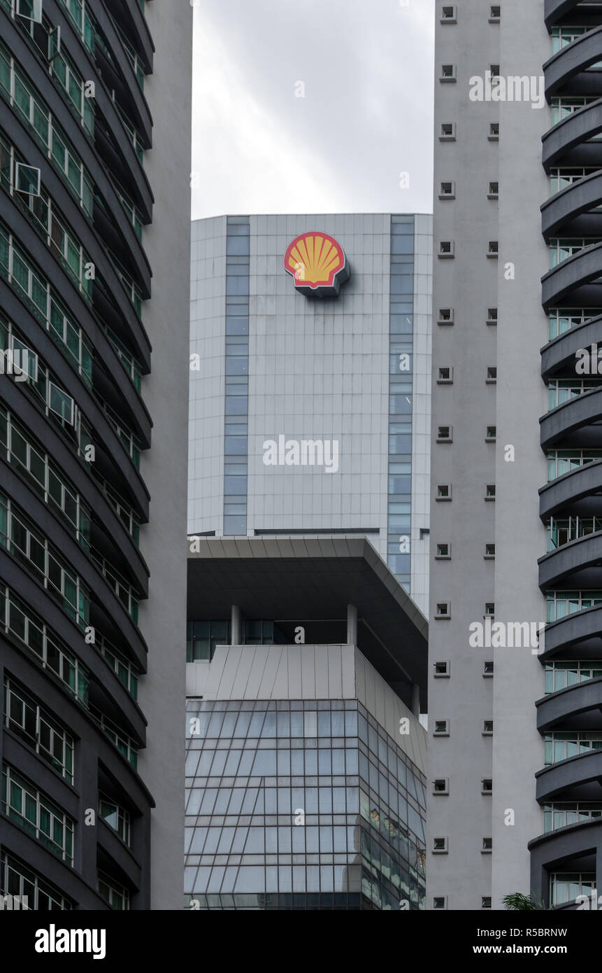 Hong Kong, 2018-02-27: Shell office building, surrounded by skyscrapers ...