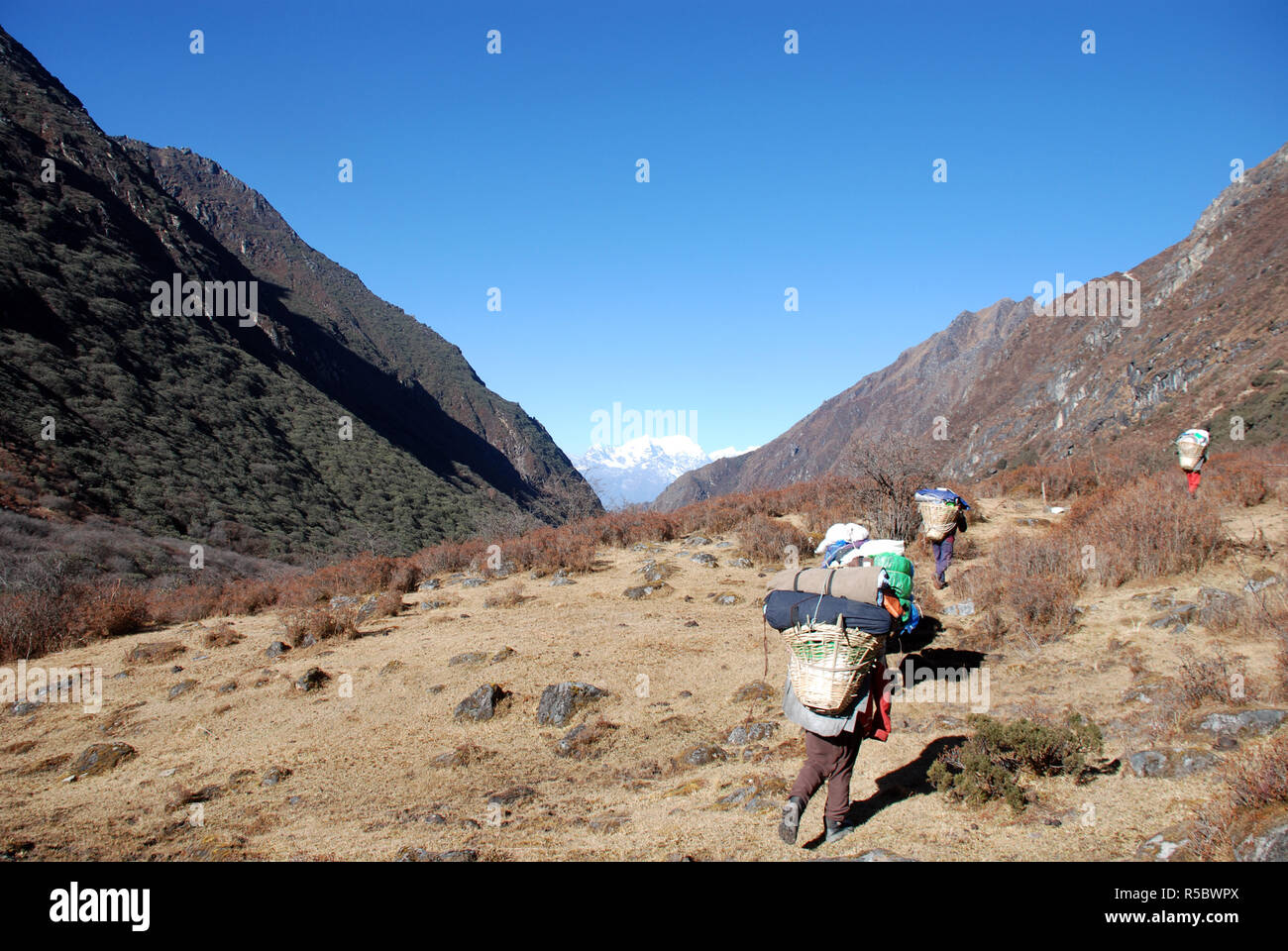 porters descend a steep valley in the high Himalayas of Eastern Nepal ...