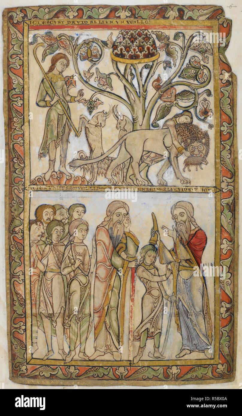 Above; David as a shepherd rescues a lamb from the lion. Left, David ...