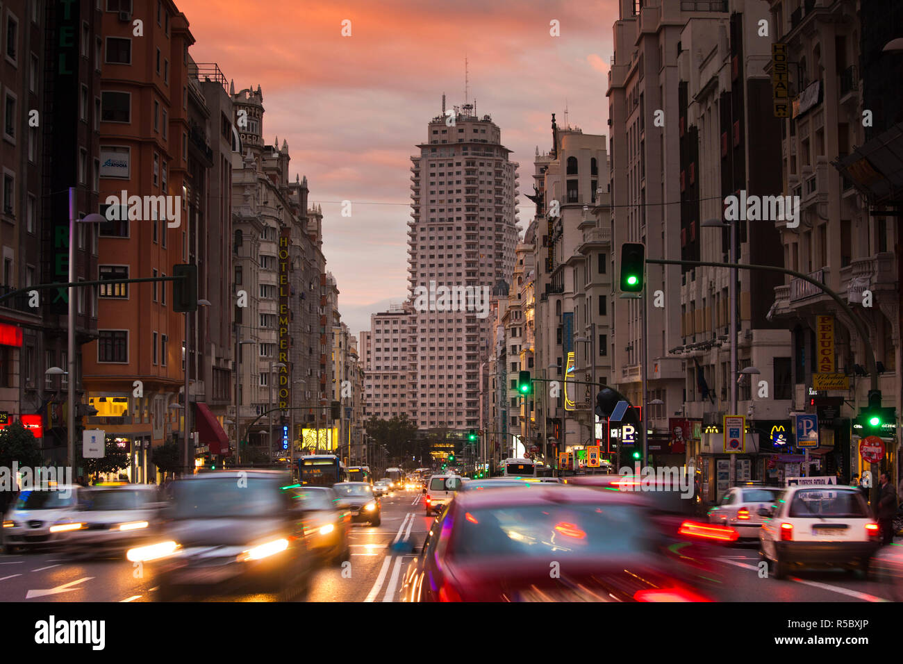Spain, Madrid, Centro Area, Gran Via looking towards the Torre de ...