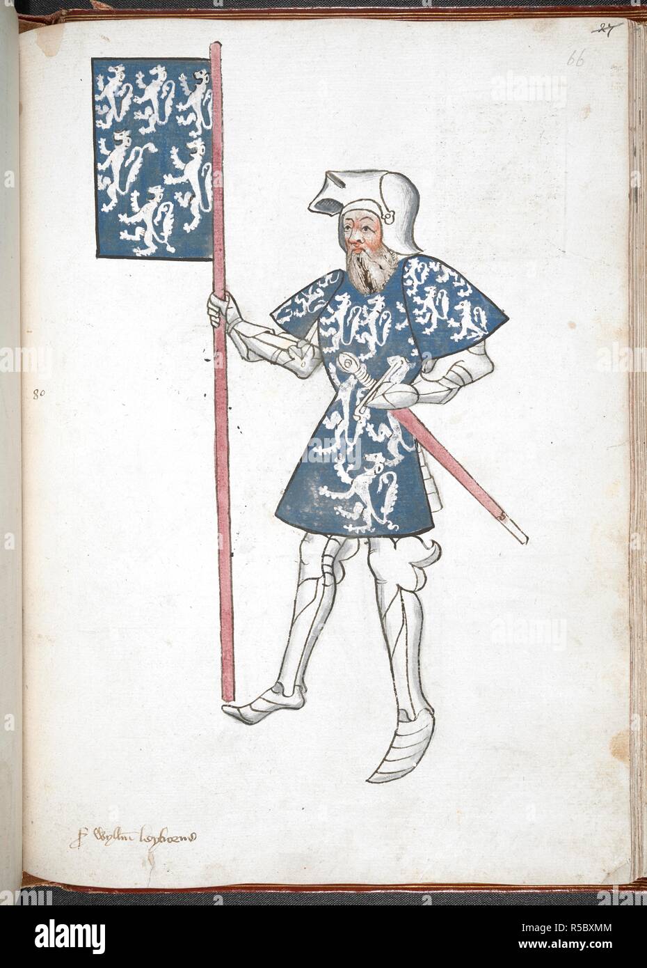 Knight, in armour and tabard, holding a sword and a standard with ...