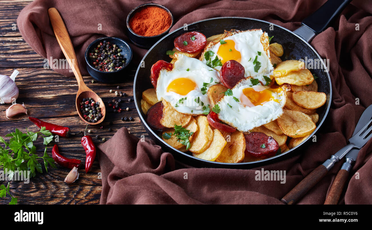 spanish breakfast of fried sunny side up eggs with potatoes, thinly ...