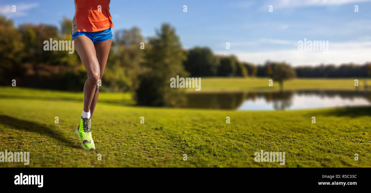 Active lifestyle, runner jogging in nature. Young fit woman running in ...