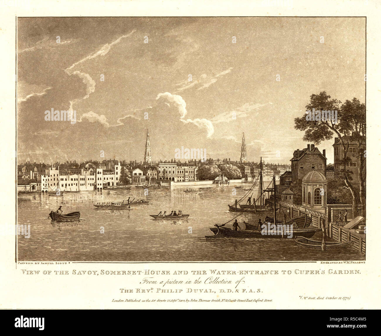 Old eighteenth century engraving view of River Thames the Savoy ...