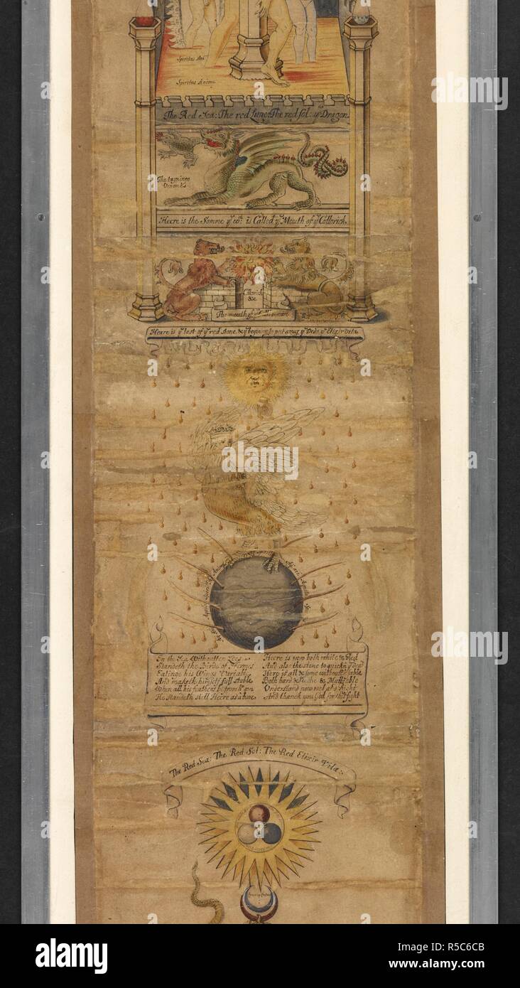 A burst of flame and on either side a lion salient before a wall, and ...