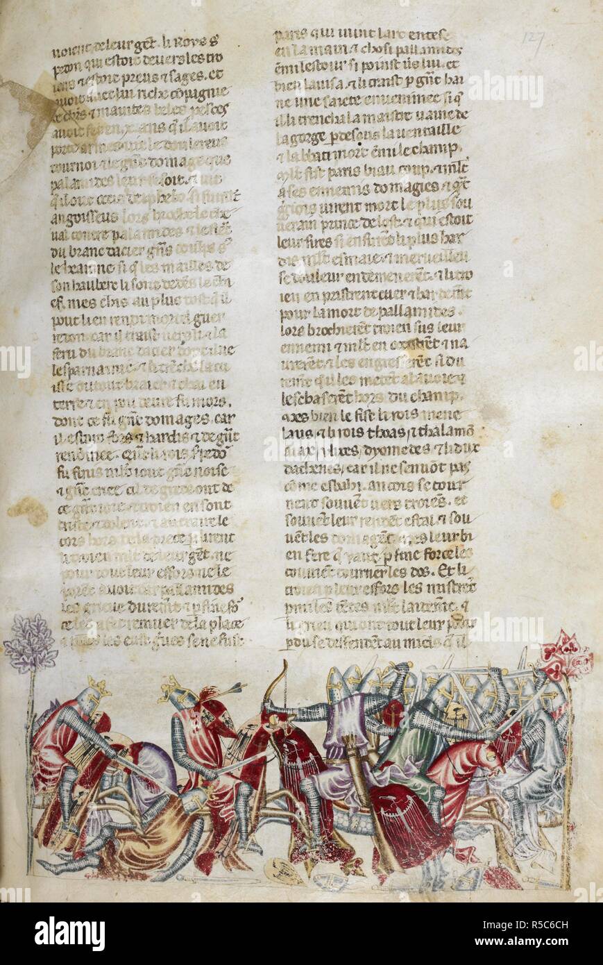 The death of Palamedes at Troy, with text above. Faits des Romains ...