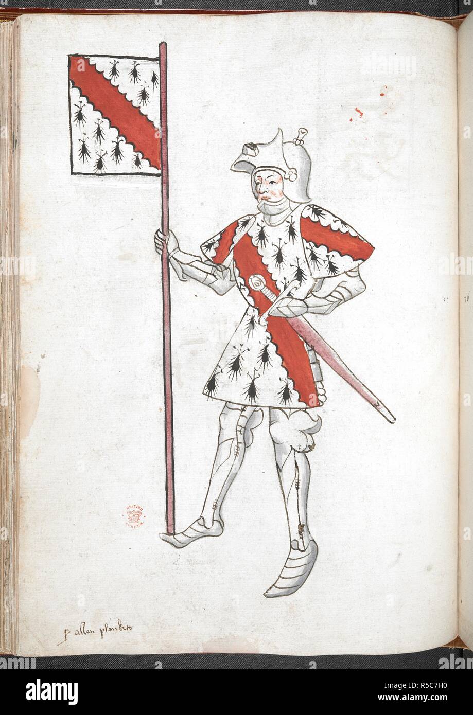 Knight, in armour and tabard, holding a sword and a standard with ...