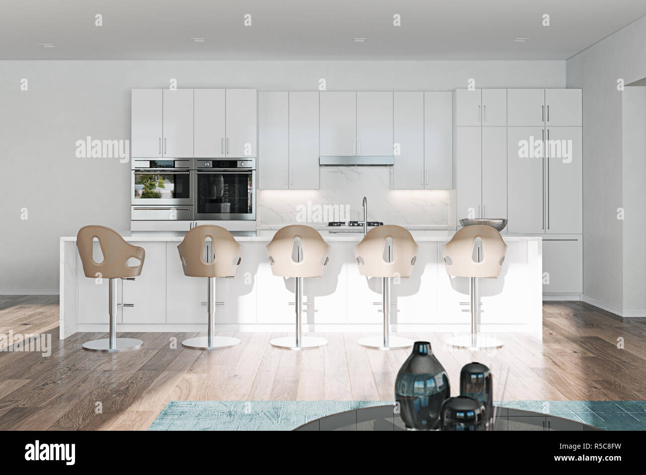 Empty clean white kitchen with island and barstools 3d render Stock ...