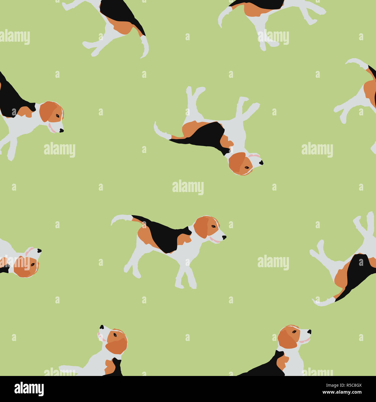 Seamless animals pattern Beagle dogs isolated on green background. Pet ...