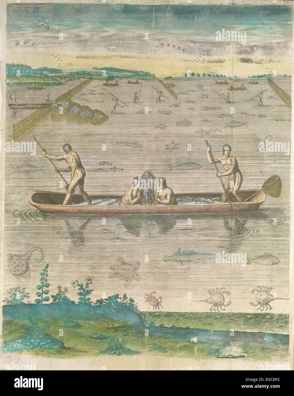 Engraving of Native Americans in their fishing boats; others fishing ...