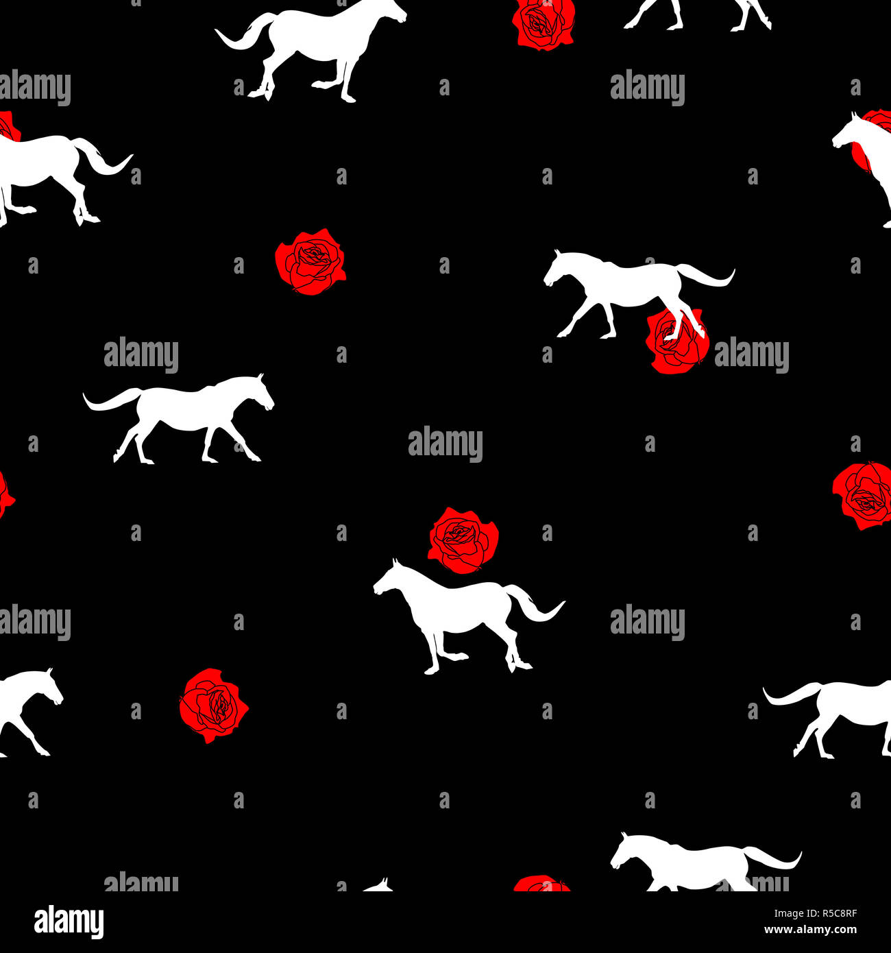 Seamless wild animals pattern white Horses silhouette and small red ...