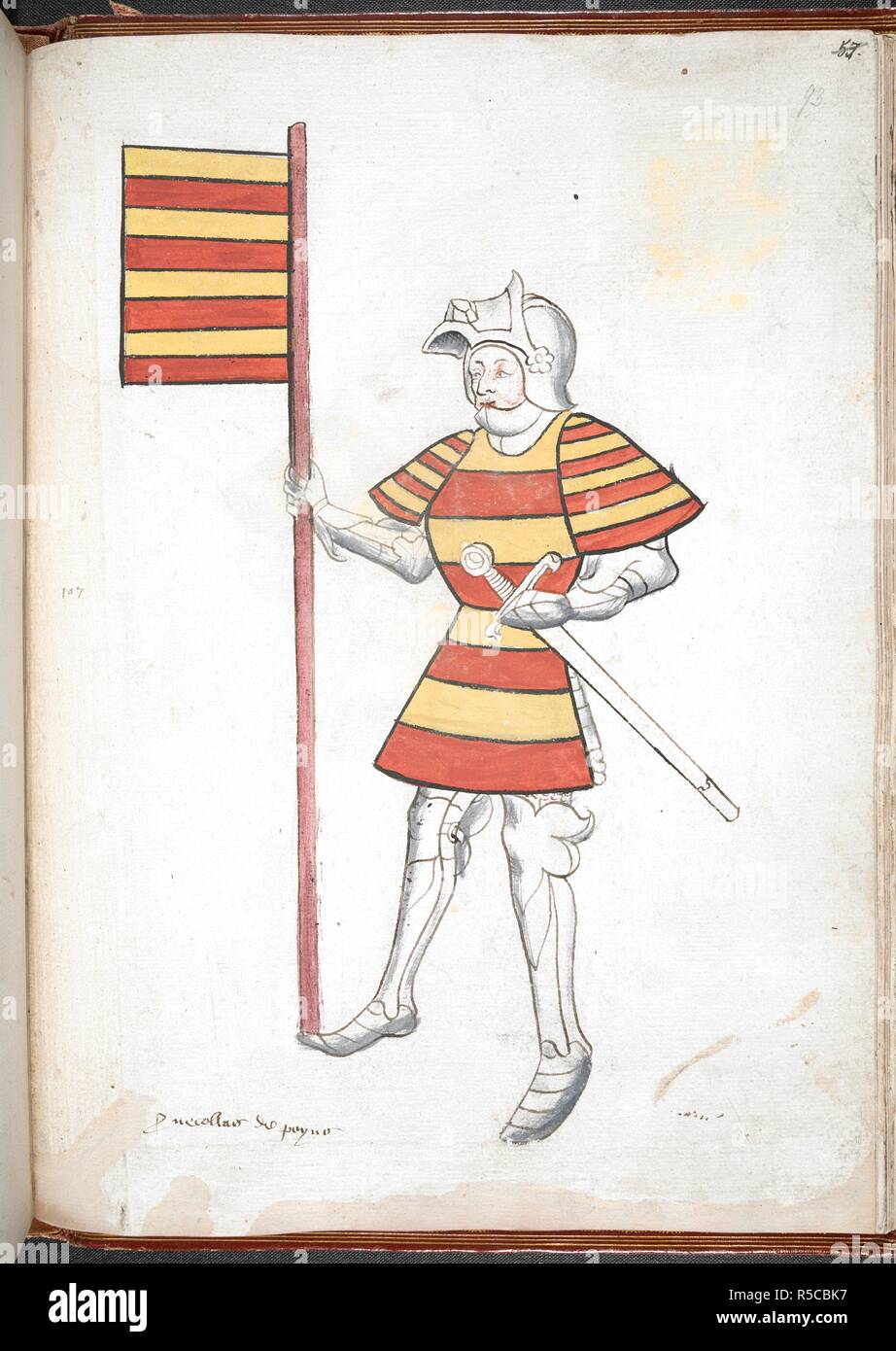 Knight, in armour and tabard, holding a sword and a standard with ...