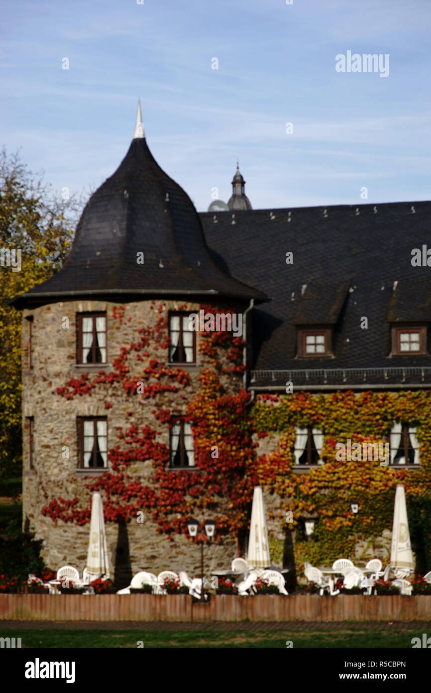 Hadamar, Germany - November 03, 2018: The vine-covered exterior facade ...