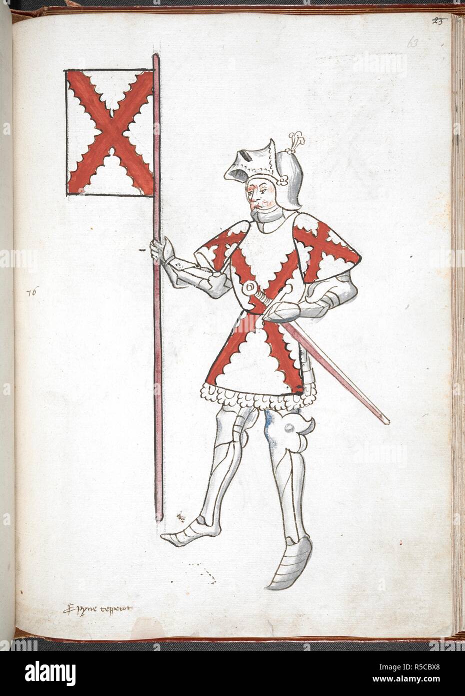 Knight, in armour and tabard, holding a sword and a standard with ...