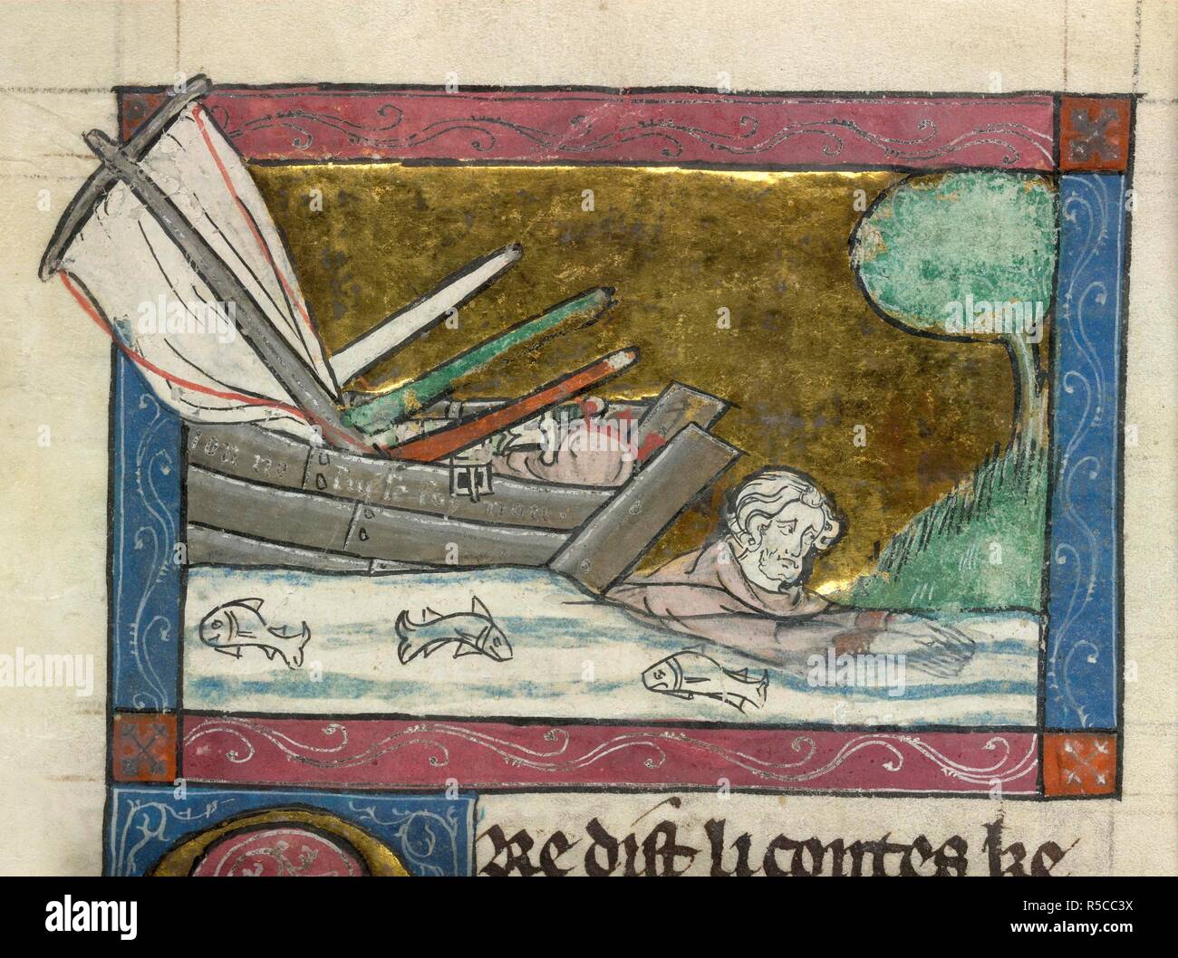 A man escaping from a shipwreck. L'Estoire del Saint Graal. Beginning ...