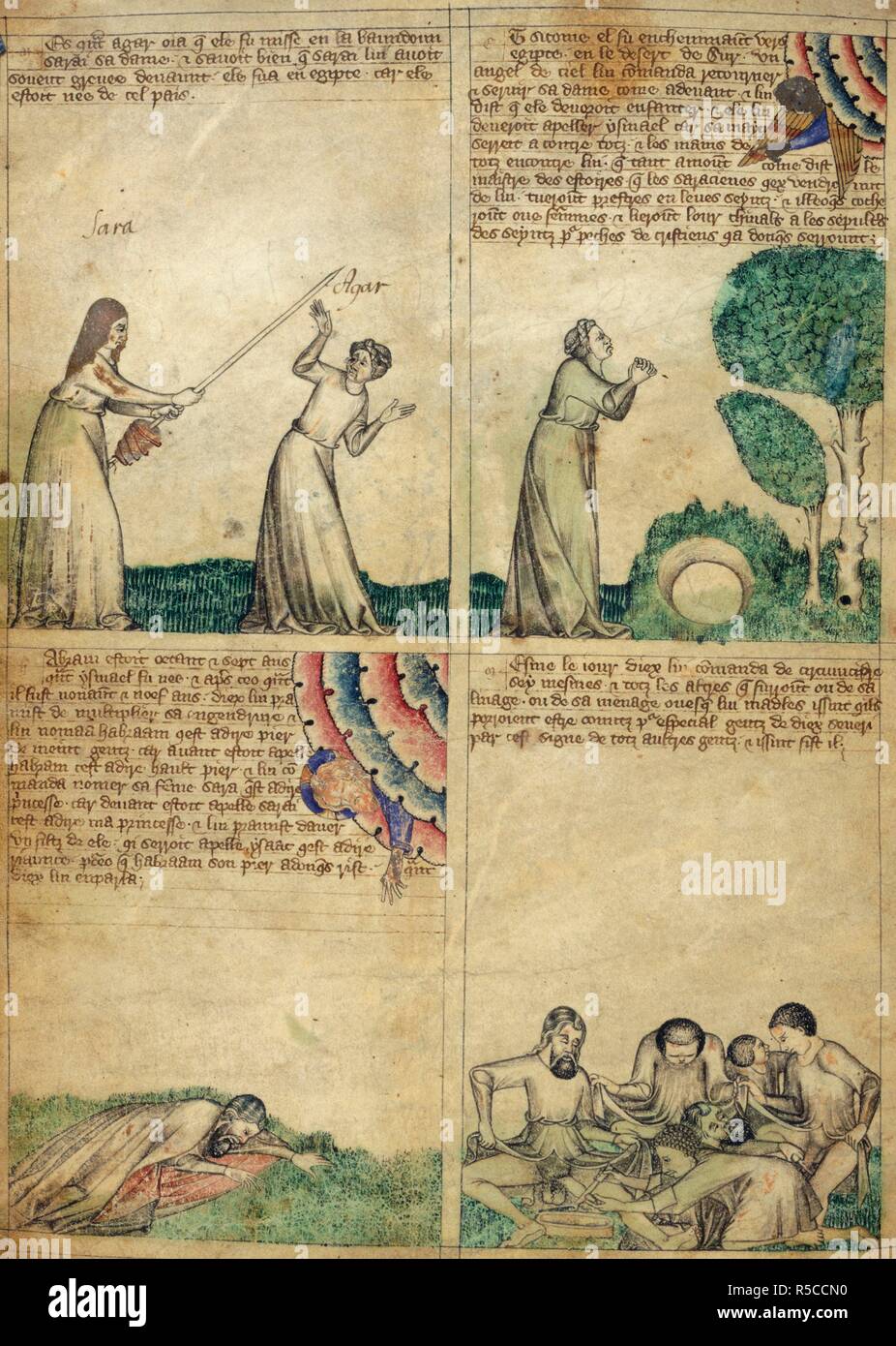 Four scenes. Sarah beats Hagar with the distaff, driving her away. The ...