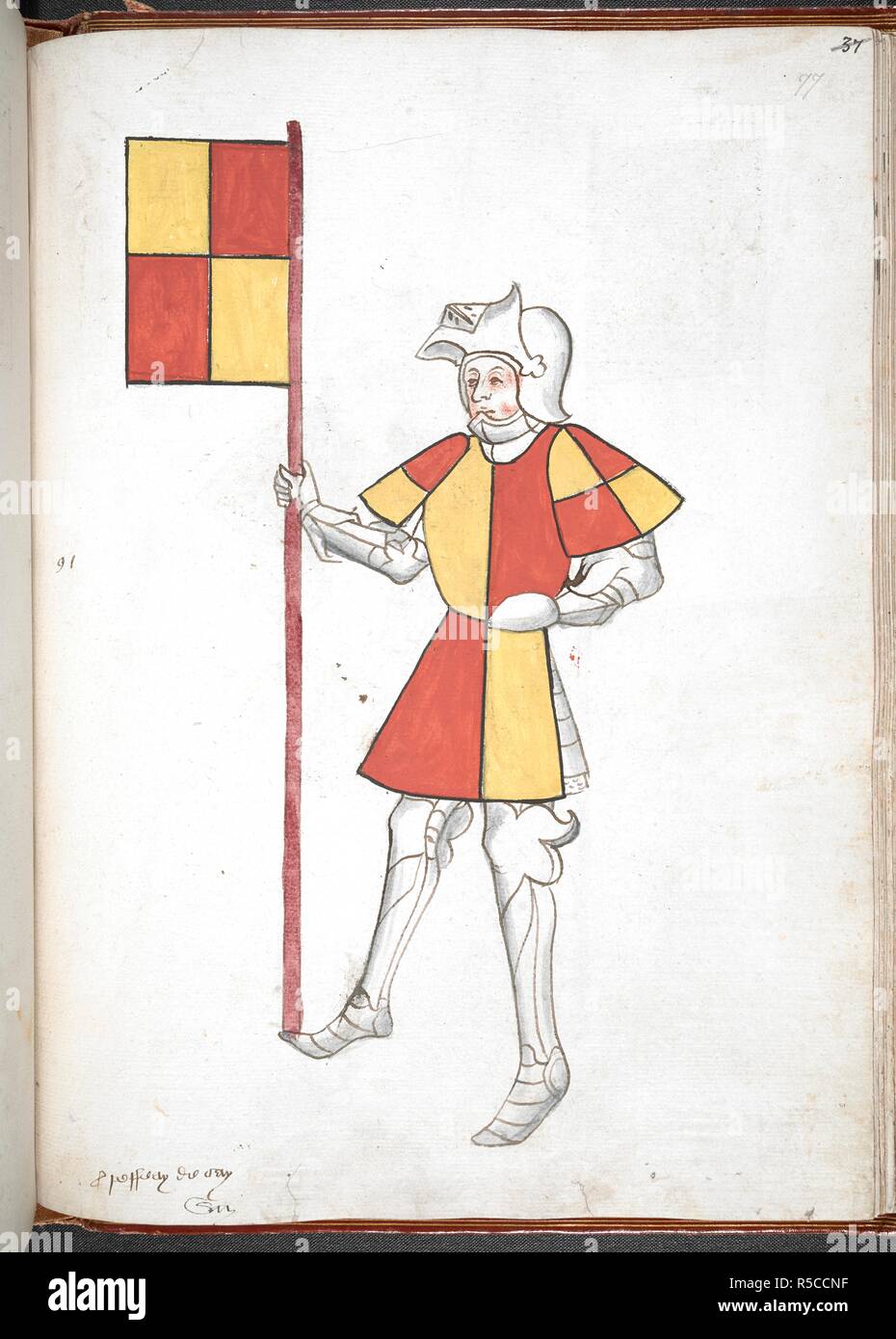 Knight, in armour and tabard, holding a sword and a standard with ...