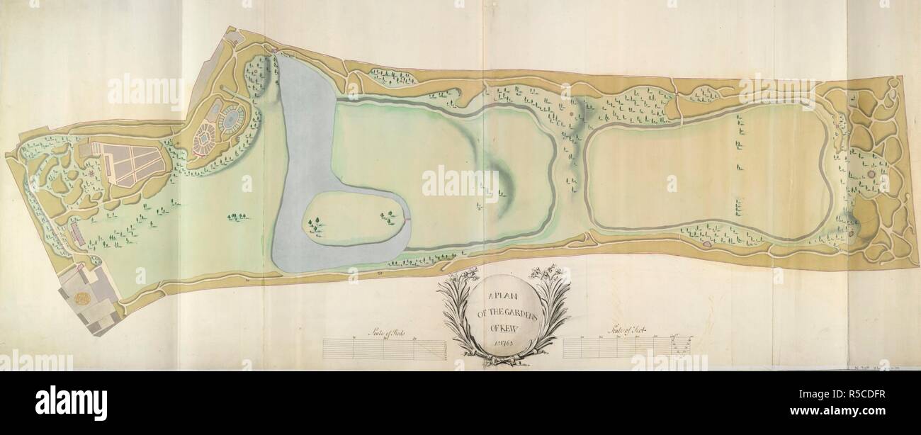 Kew Gardens. A colored plan of the gardens at Kew; drawn in 176. 1763 ...
