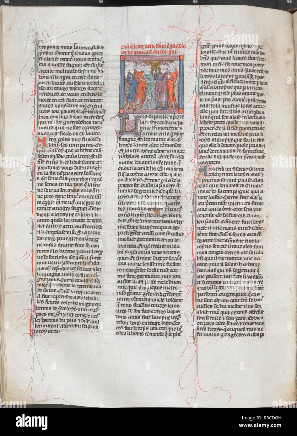 Miniature shows Galehot restoring Queen Guinevere to King Arthur on her ...