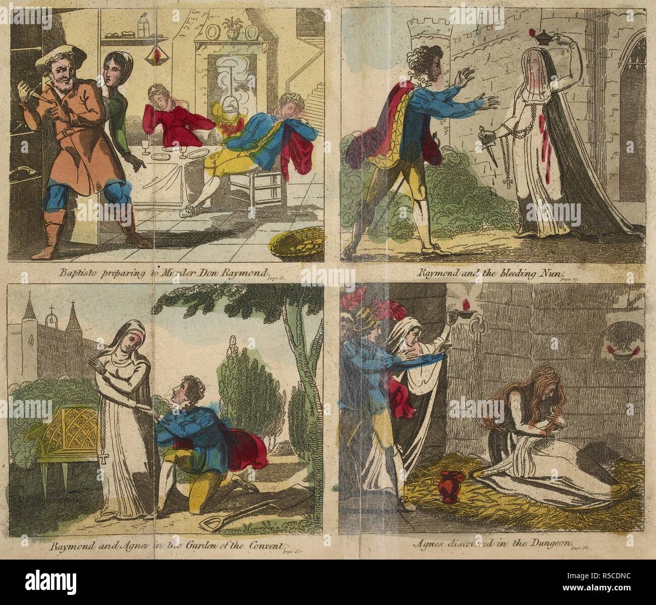 Colour illustrations depicting events from the Gothic novel, the Monk ...