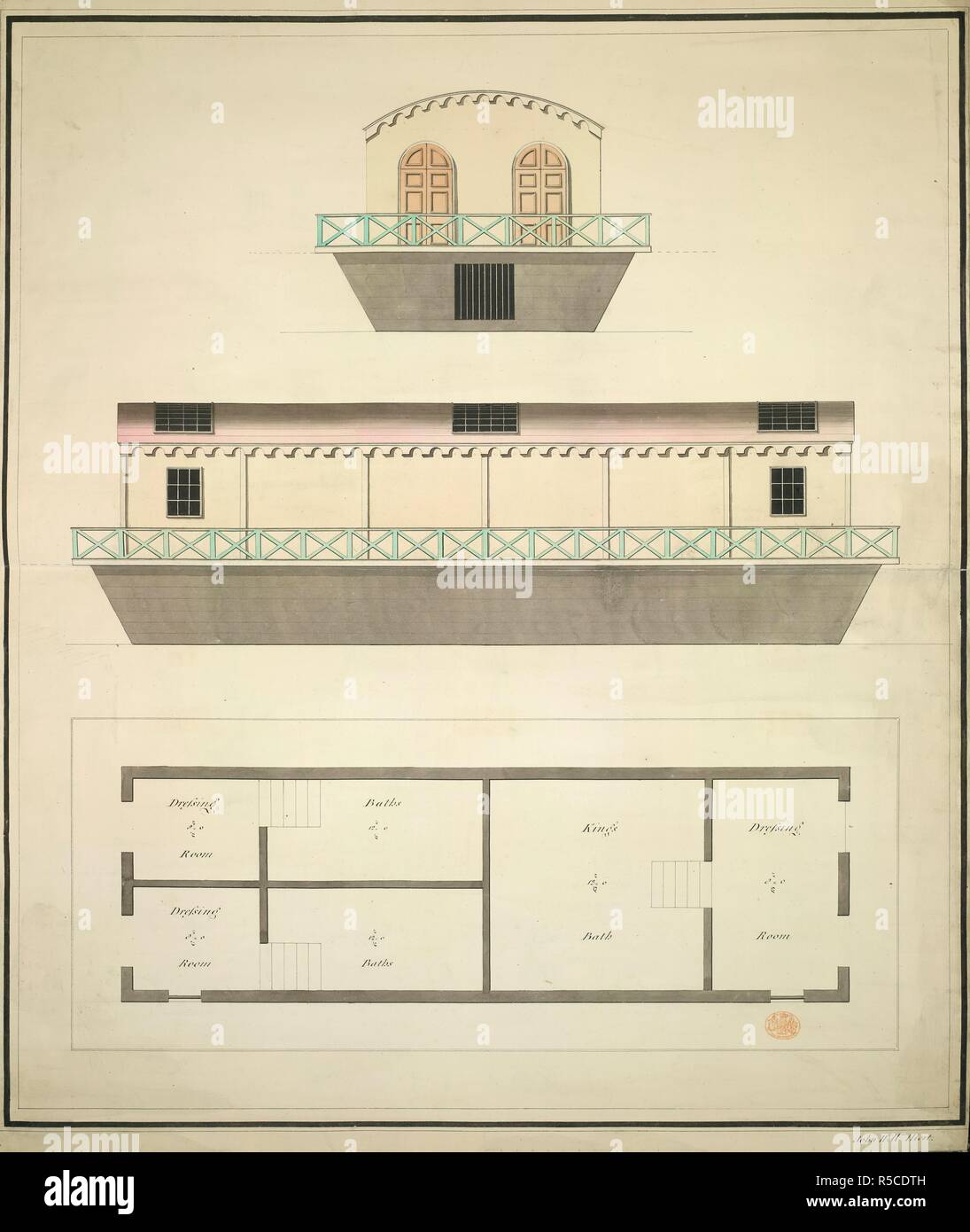 Colored front and side elevations and plans of the King's Floating ...