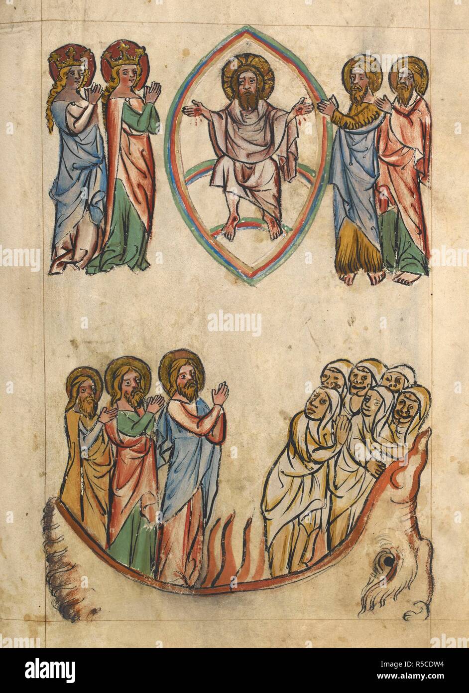 The Judgement (Rev. 20:11-15). Two crowned women are on the left, with ...