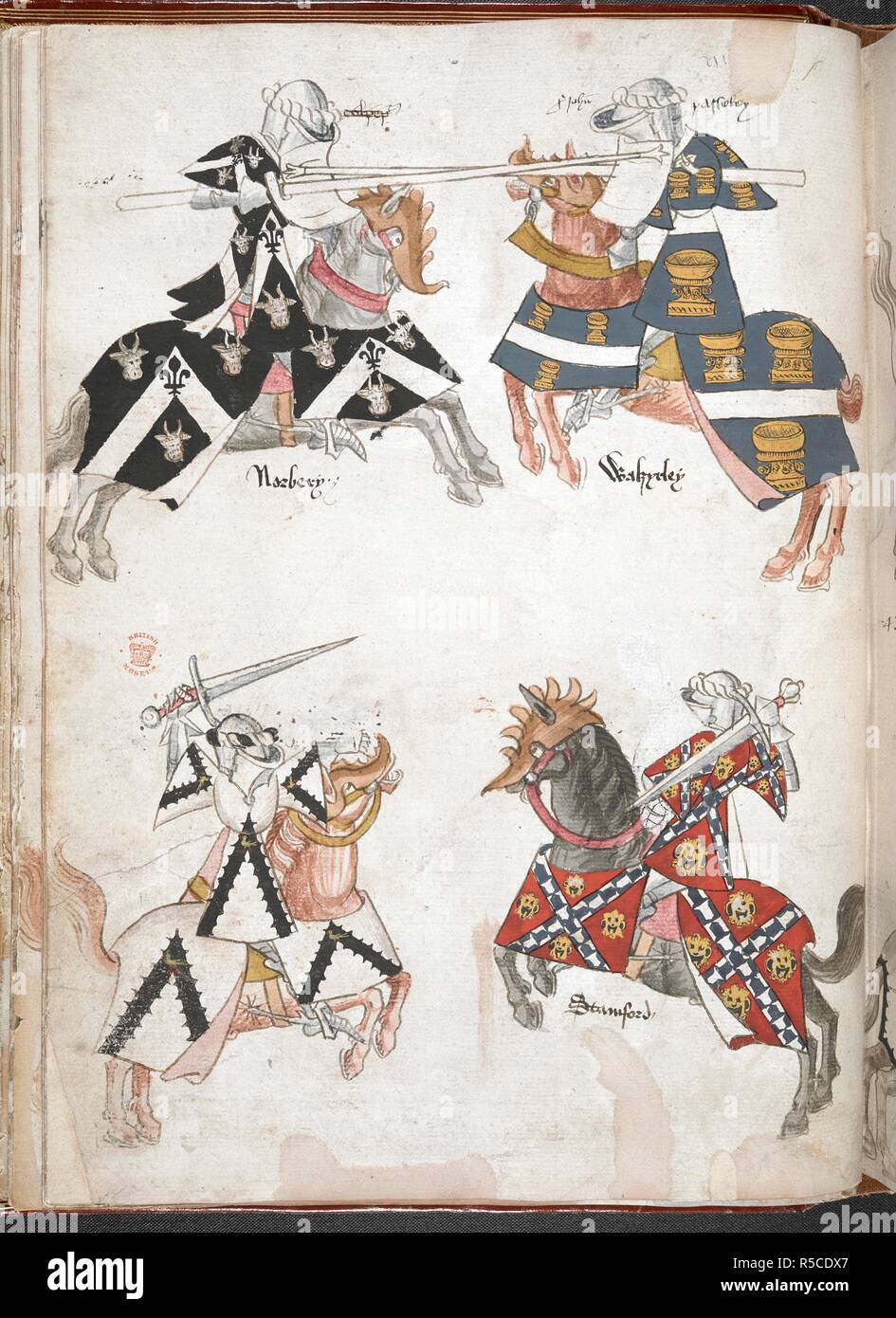 Knights jousting. Military Roll of Arms (manuscript also known as Sir ...