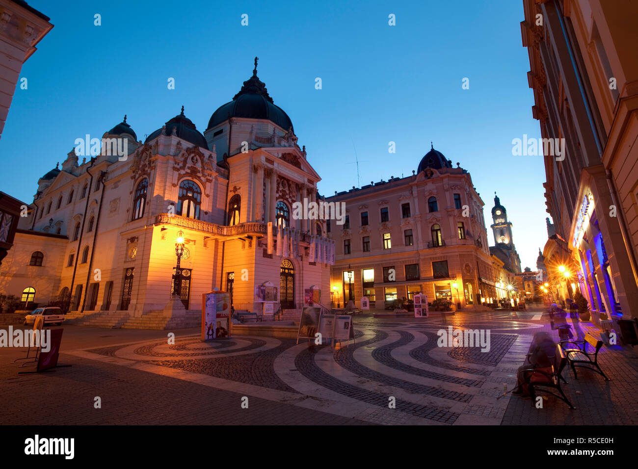 The Hungarian National Theatre illuminated at night, Pecs, Hungary ...