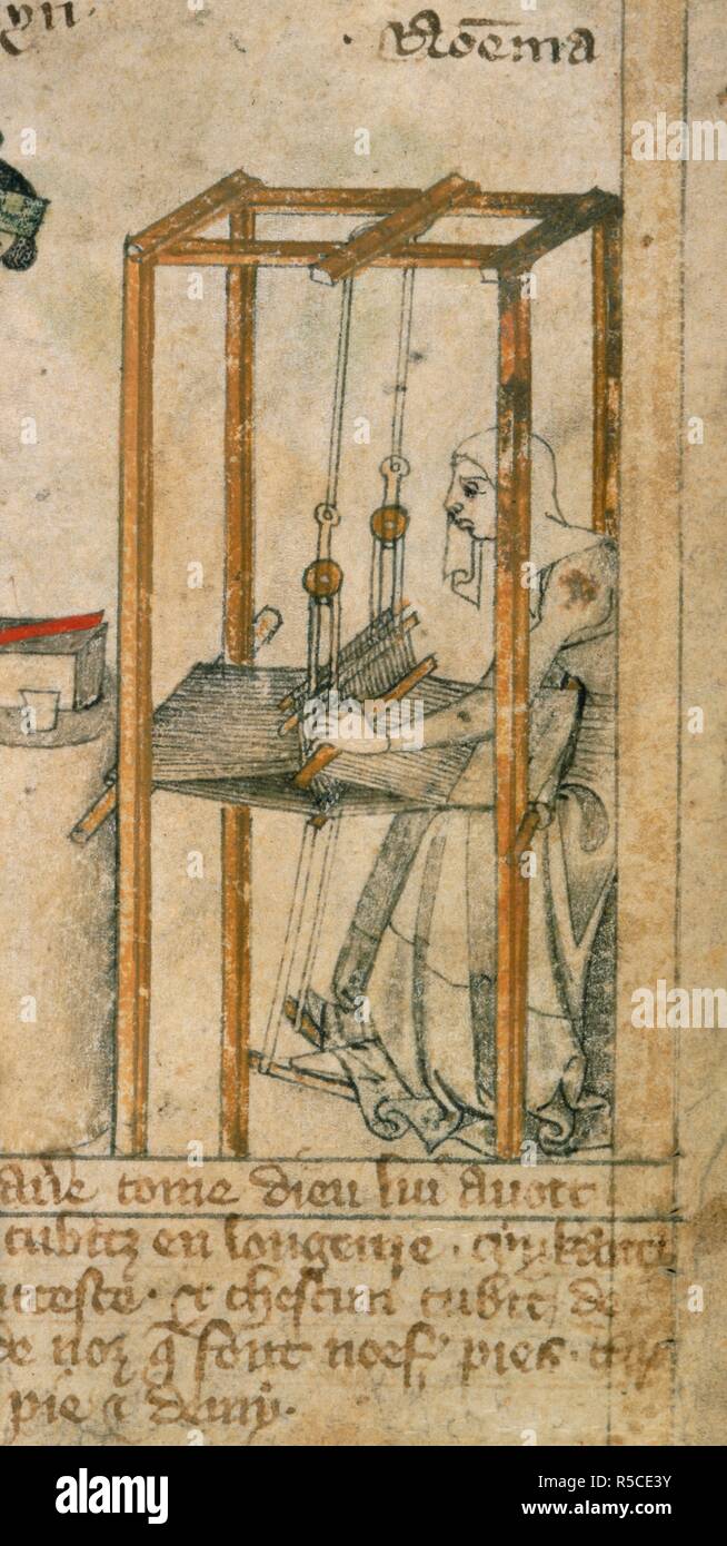 Naamah, the daughter of Lamech and Stella, working at her loom. Egerton ...