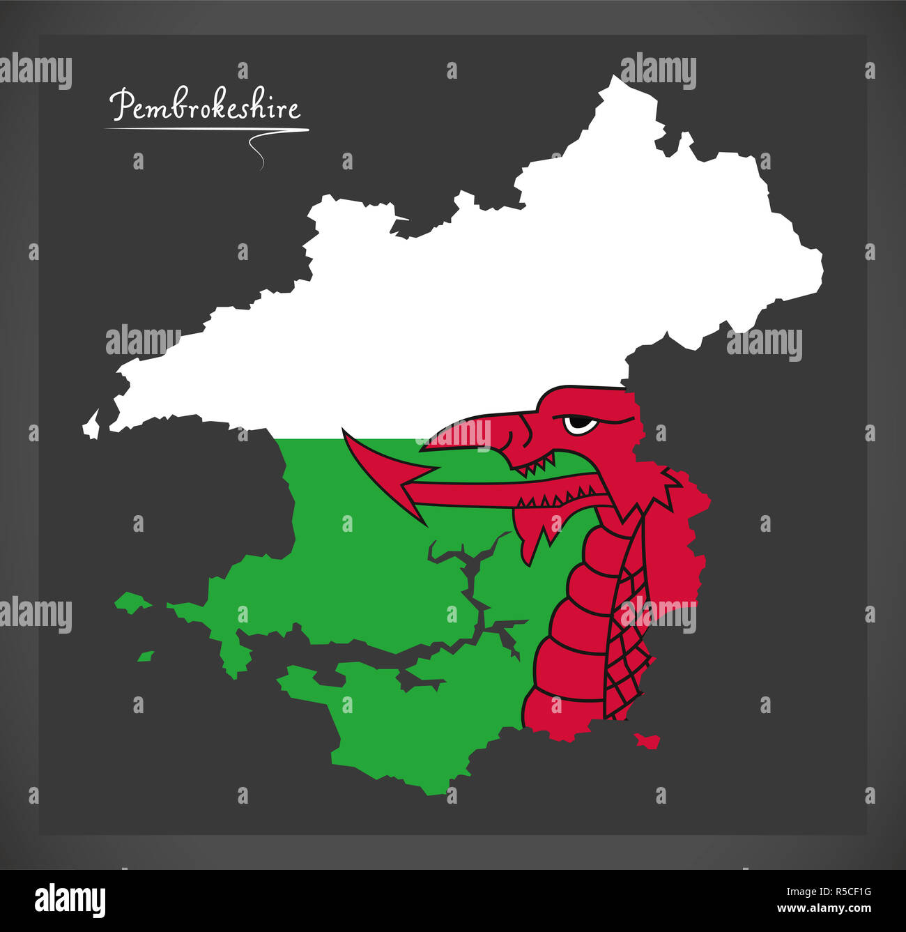 Pembrokeshire Wales map with Welsh national flag illustration Stock ...