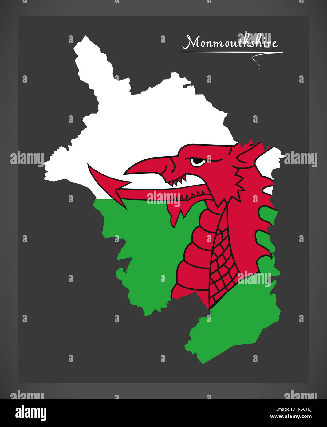 Monmouthshire Wales map with Welsh national flag illustration Stock ...