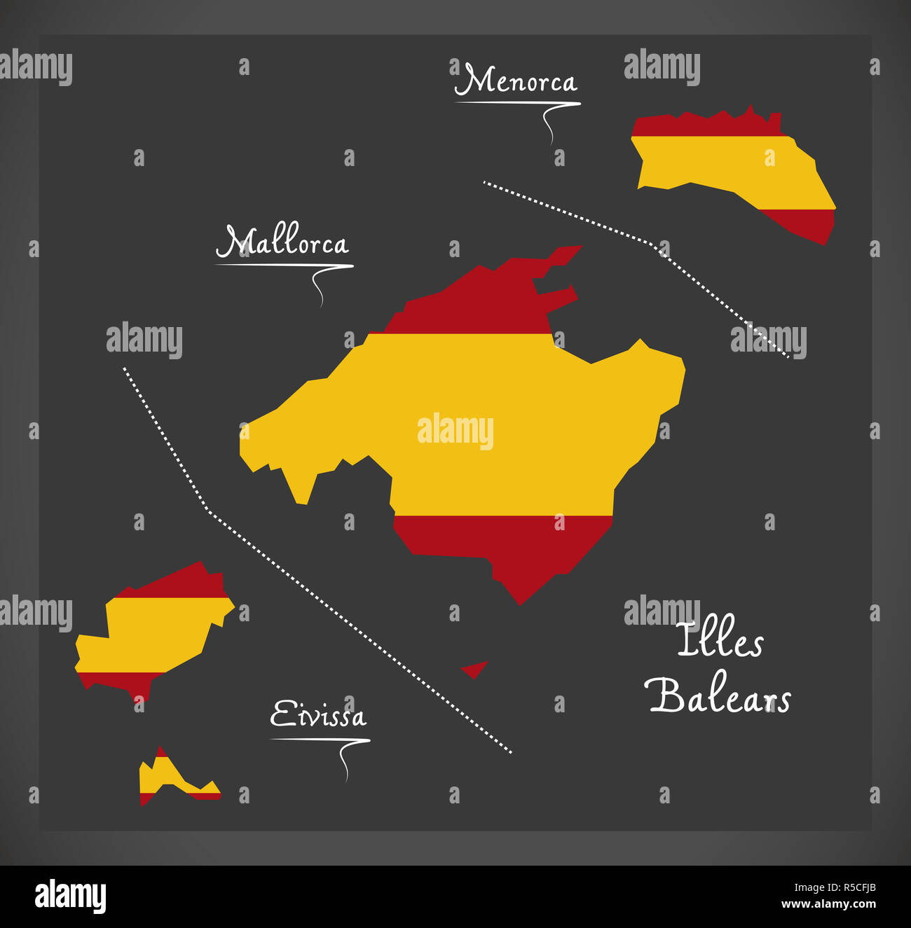 Illes Balears map with Spanish national flag illustration Stock Photo ...
