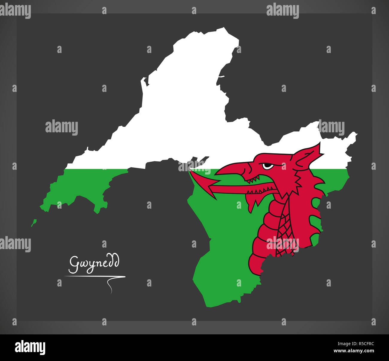 Gwynedd Wales map with Welsh national flag illustration Stock Photo - Alamy