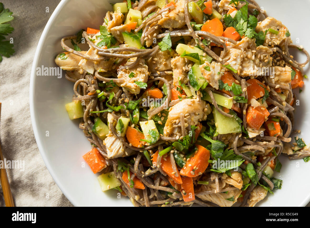 Healthy Homemade Soba Noodle Bowl with Sesame and Chicken Stock Photo ...