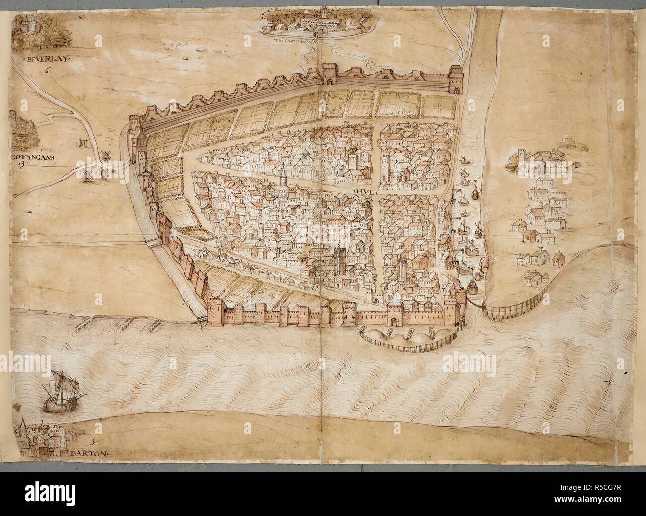 A 16th century representaion of the town of Hull. This map show the ...