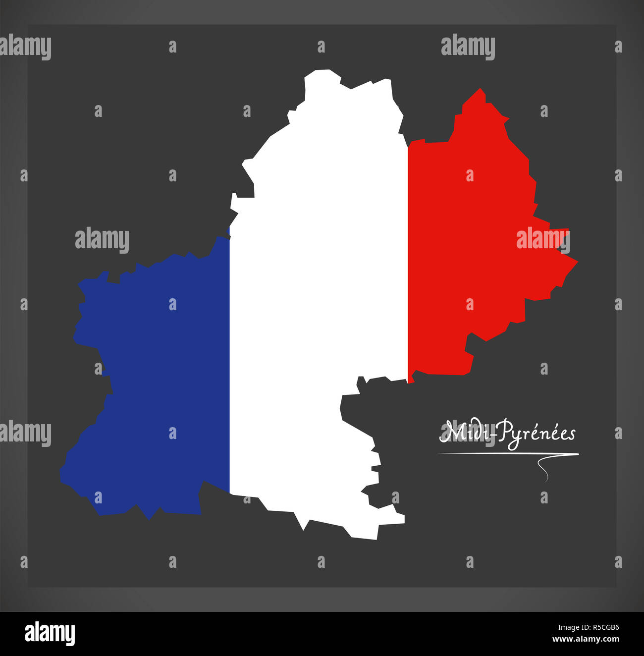 Midi-Pyrenees map with French national flag illustration Stock Photo ...