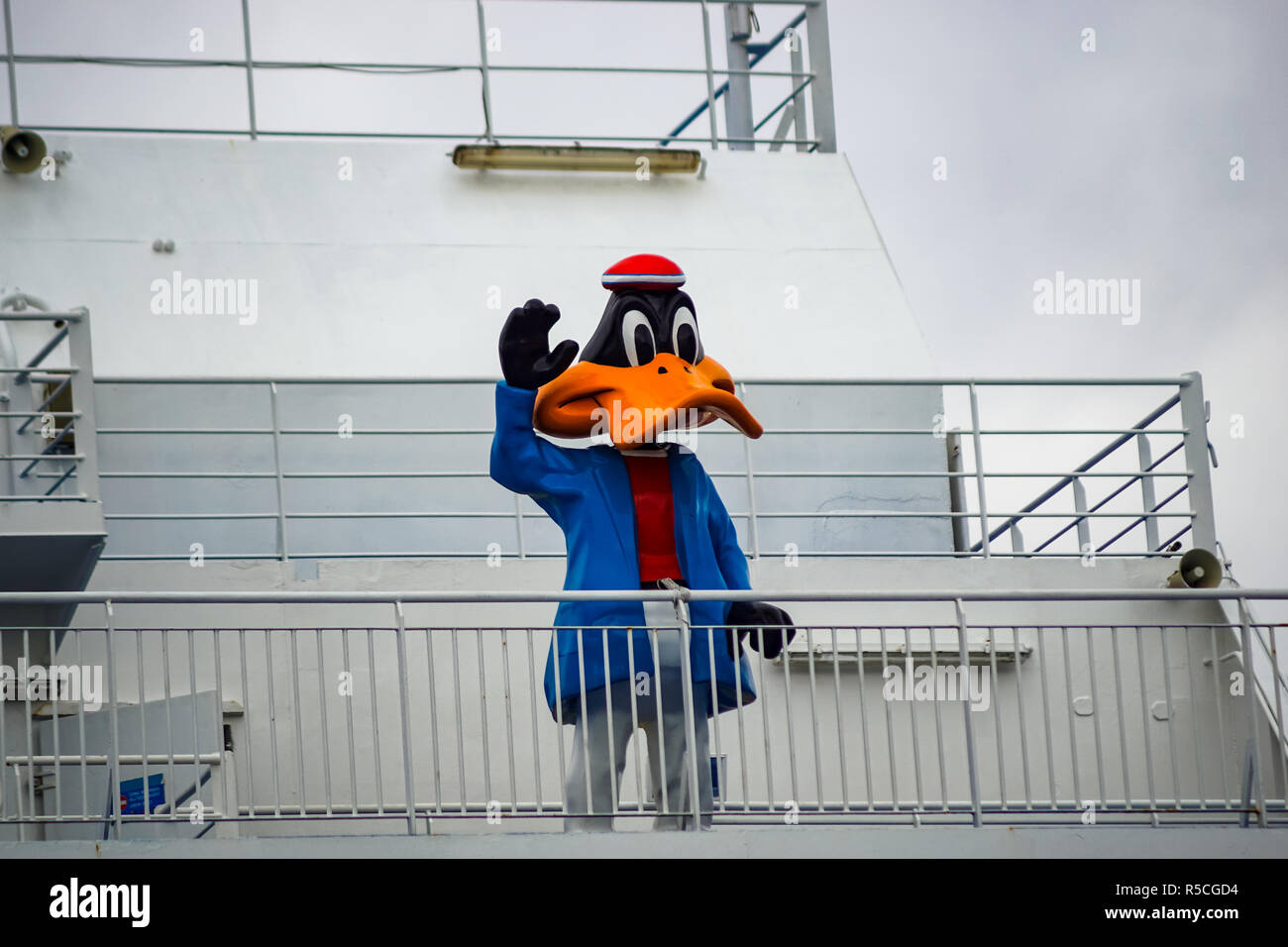 A comic duck waving goodbye on the back of the corsica ferry in the new ...