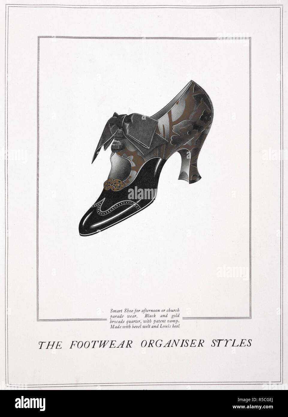 'Smart shoe for afternoon or church parade wear. Black and gold brocade ...