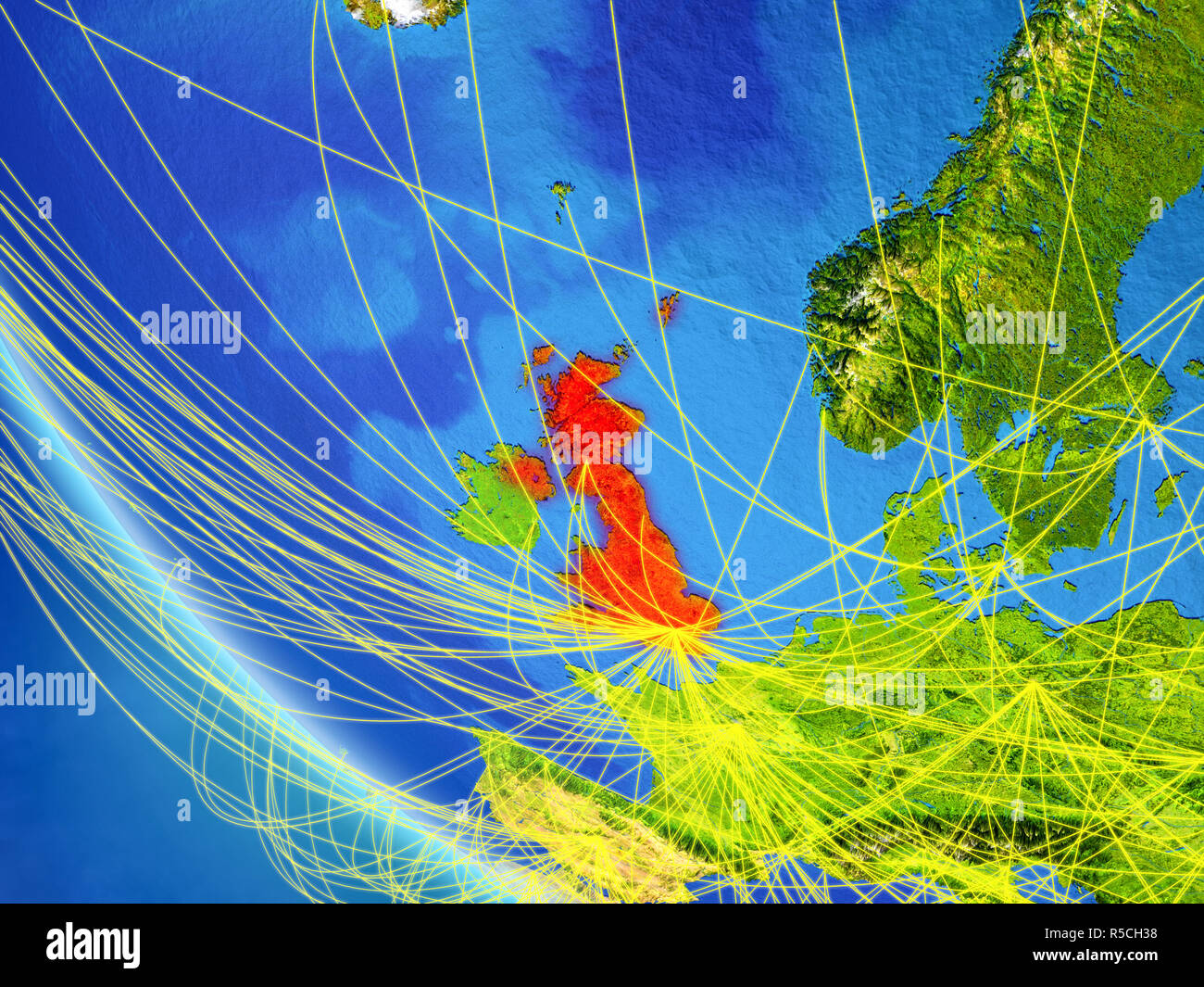 United Kingdom on planet Earth from space with network. Concept of ...