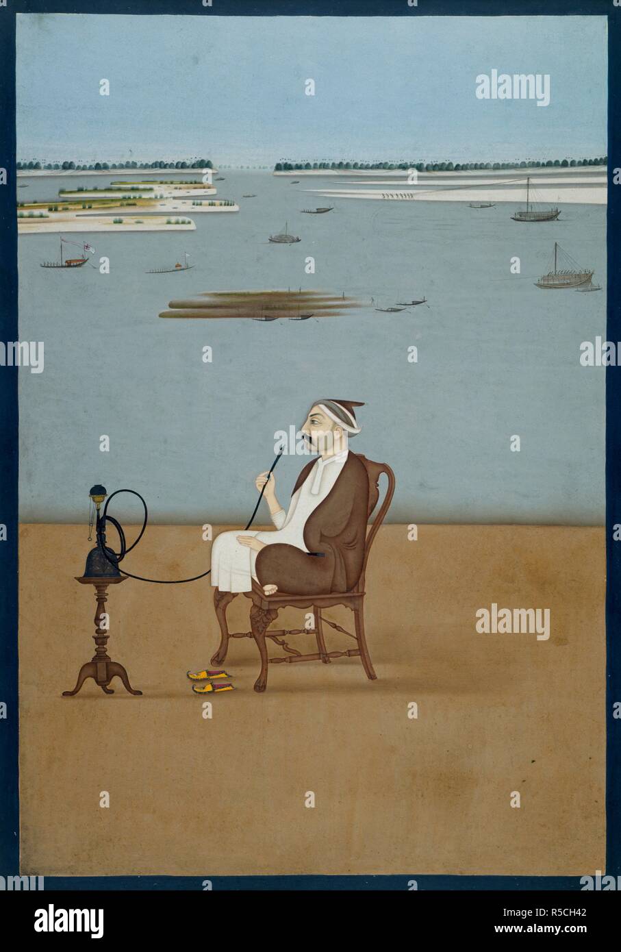 Ashraf 'Ali Khan seated on a chair smoking a hookah with the River Ganges behind him. c.1764 ...