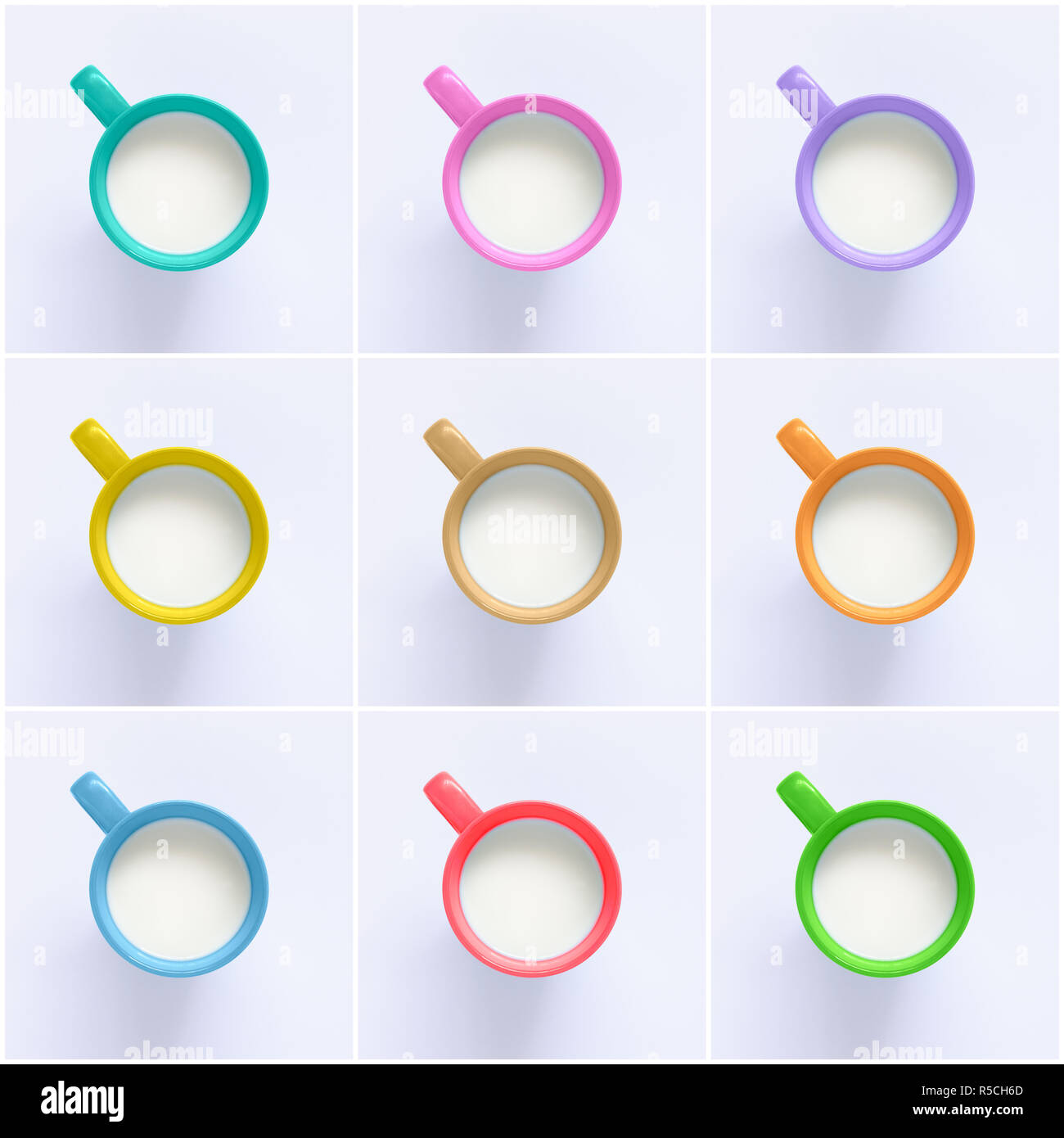 Collage of milk in colorful mugs Stock Photo - Alamy
