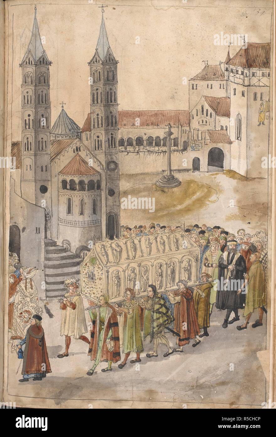 (Whole folio) Drawing of Bamberg Cathedral, with a reliquary carried in ...