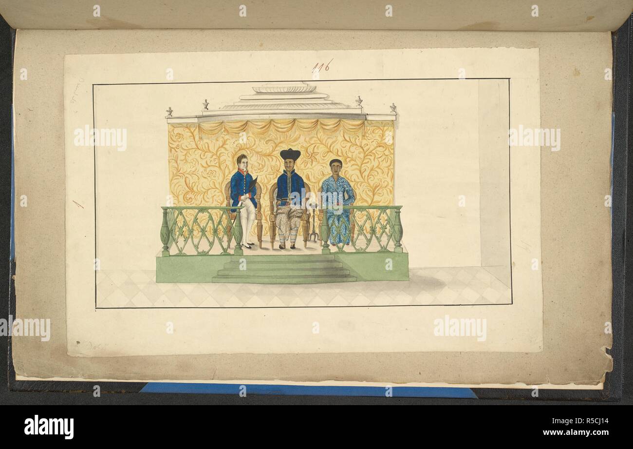A Javanese prince with his wife and a Dutch officer sitting on a dais ...