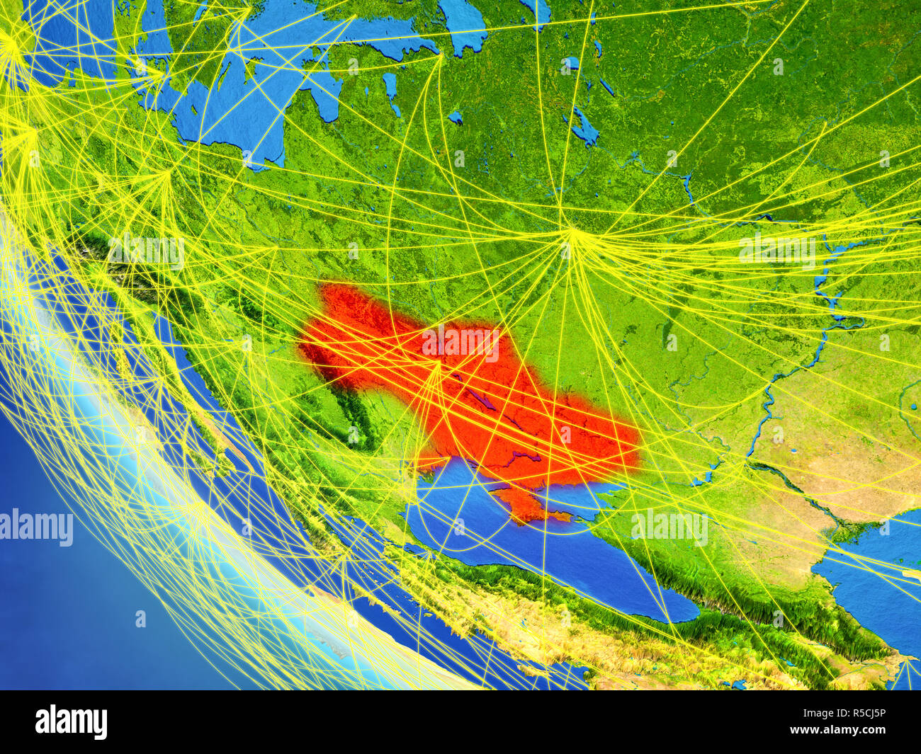 Ukraine on planet Earth from space with network. Concept of ...