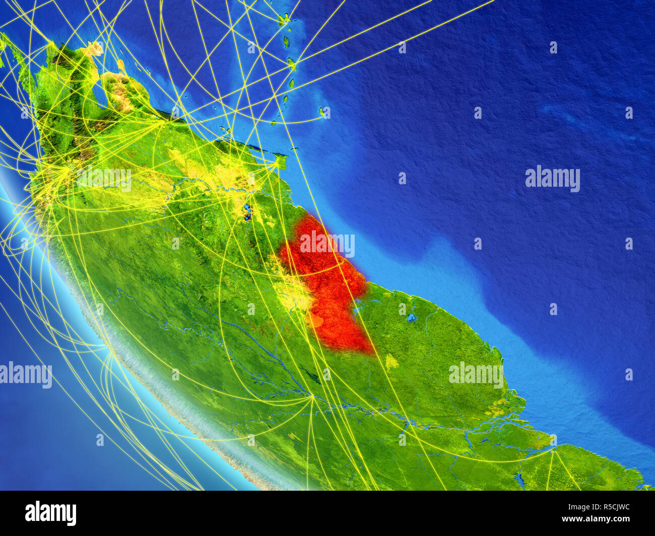 Guyana on planet Earth from space with network. Concept of ...