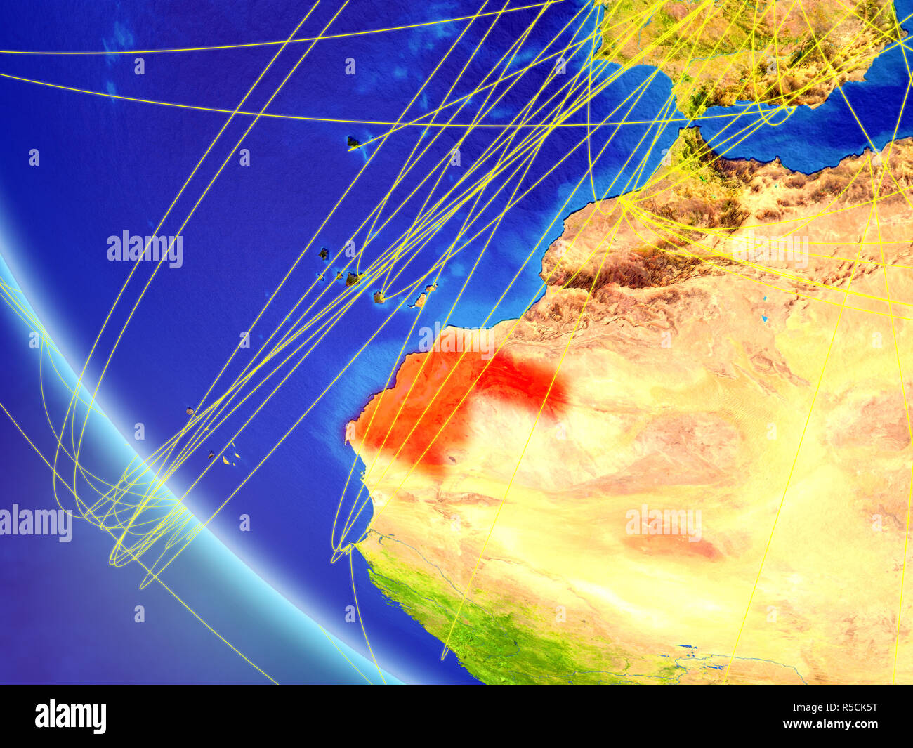 Western Sahara on planet Earth from space with network. Concept of ...