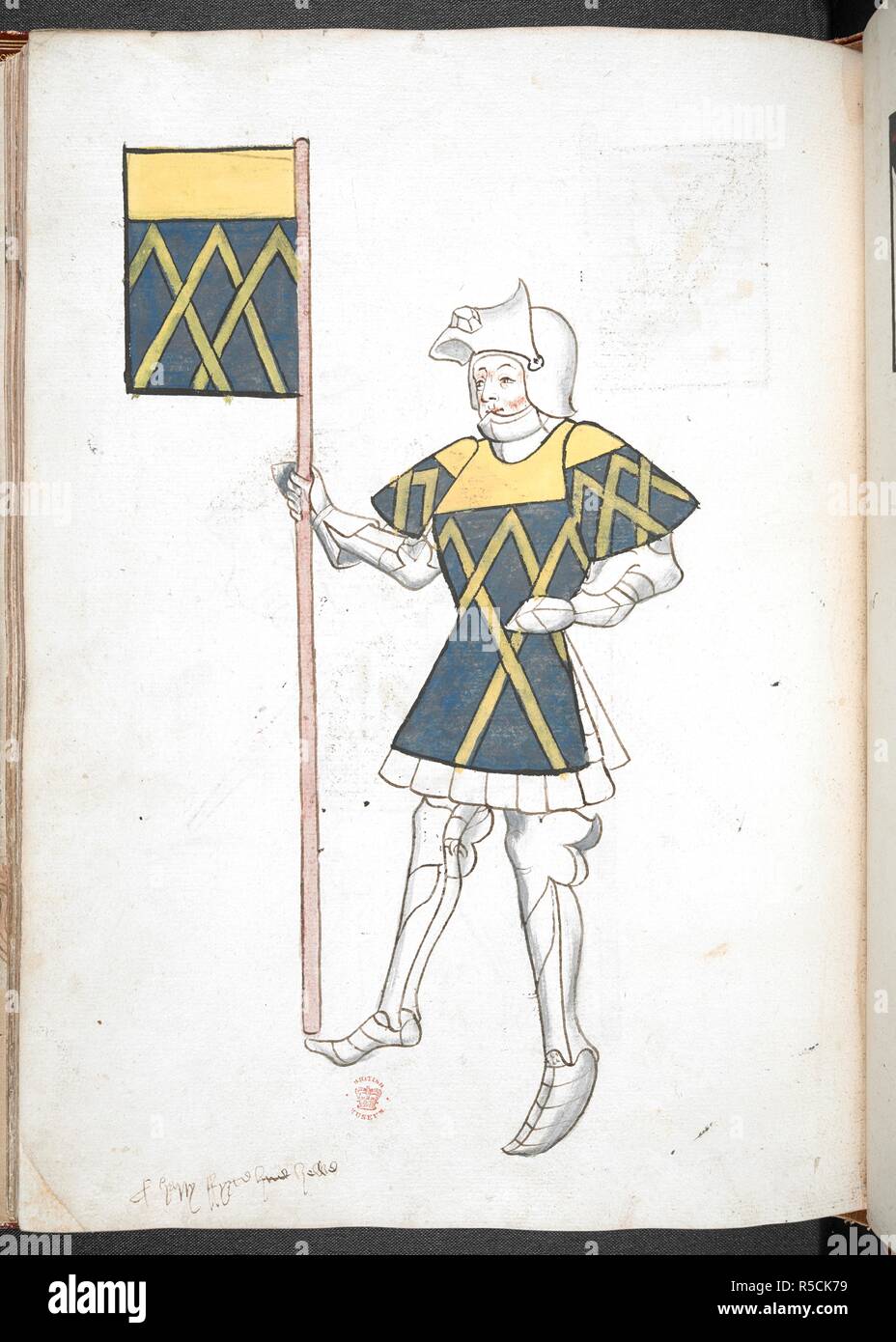 Knight, in armour and tabard, holding a sword and a standard with ...